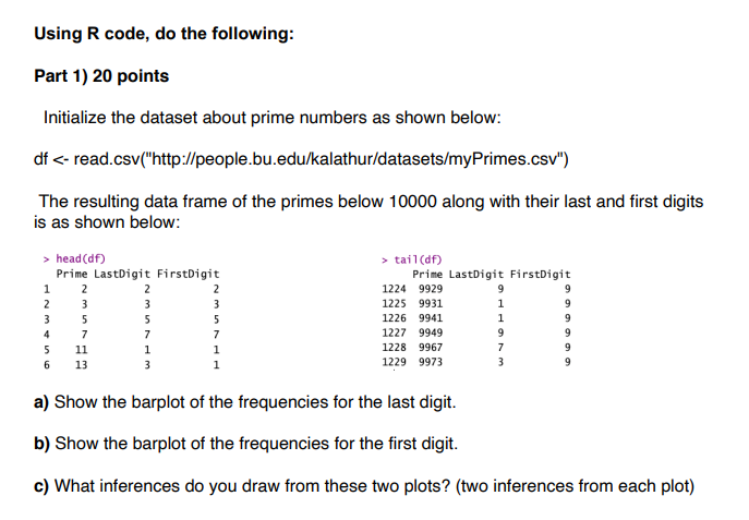 Using R code, do the following: Part 1) 20 points | Chegg.com