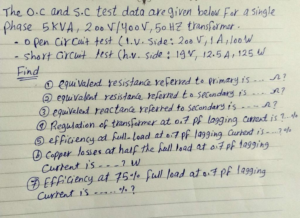 Solved The O.c and S.C test data are given below for a | Chegg.com