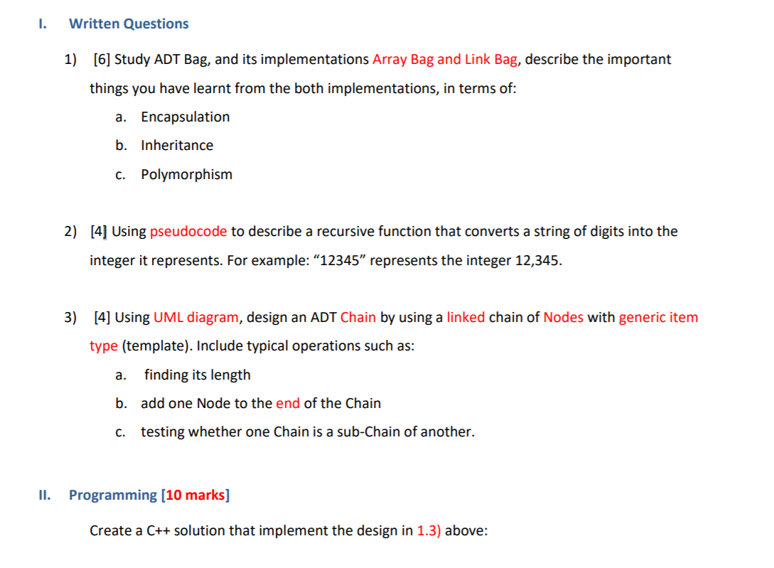 Solved 1. Written Questions 1) [6] Study ADT Bag, and its | Chegg.com
