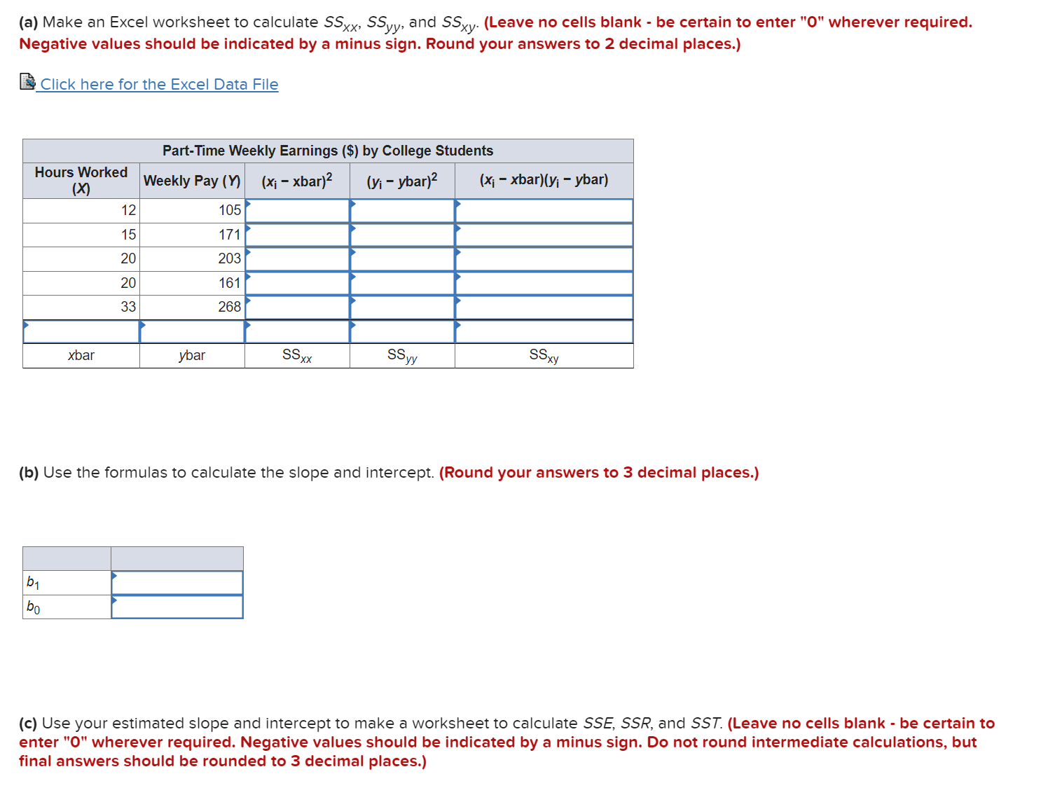 (a) Make an Excel worksheet to calculate SSxx,SSyy, | Chegg.com