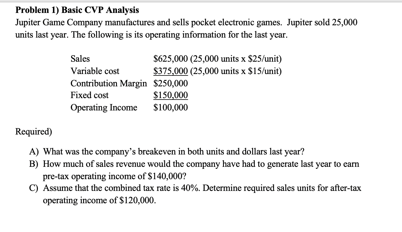 Solved Problem 1) Basic CVP Analysis Jupiter Game Company | Chegg.com
