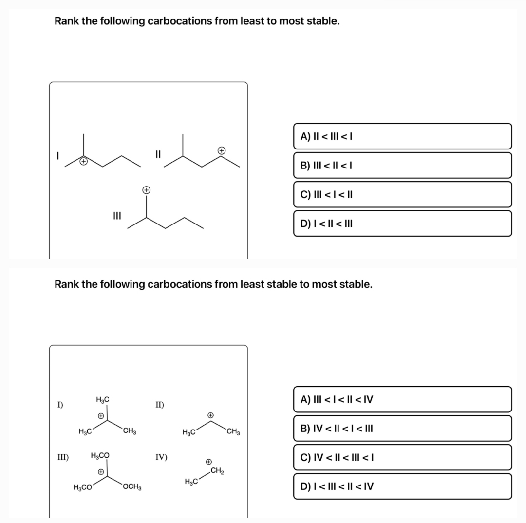 Solved Rank the following carbocations from least to most | Chegg.com Solved Rank the following carbocations from least to most | Chegg.com