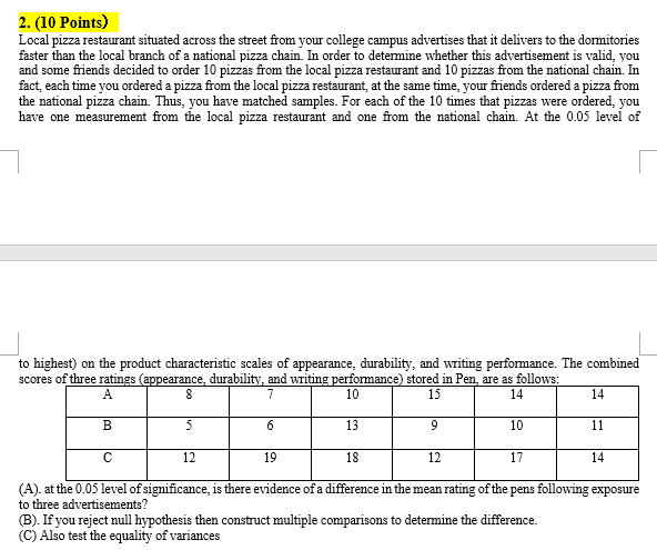 Solved Local pizza restaurant situated across the street | Chegg.com