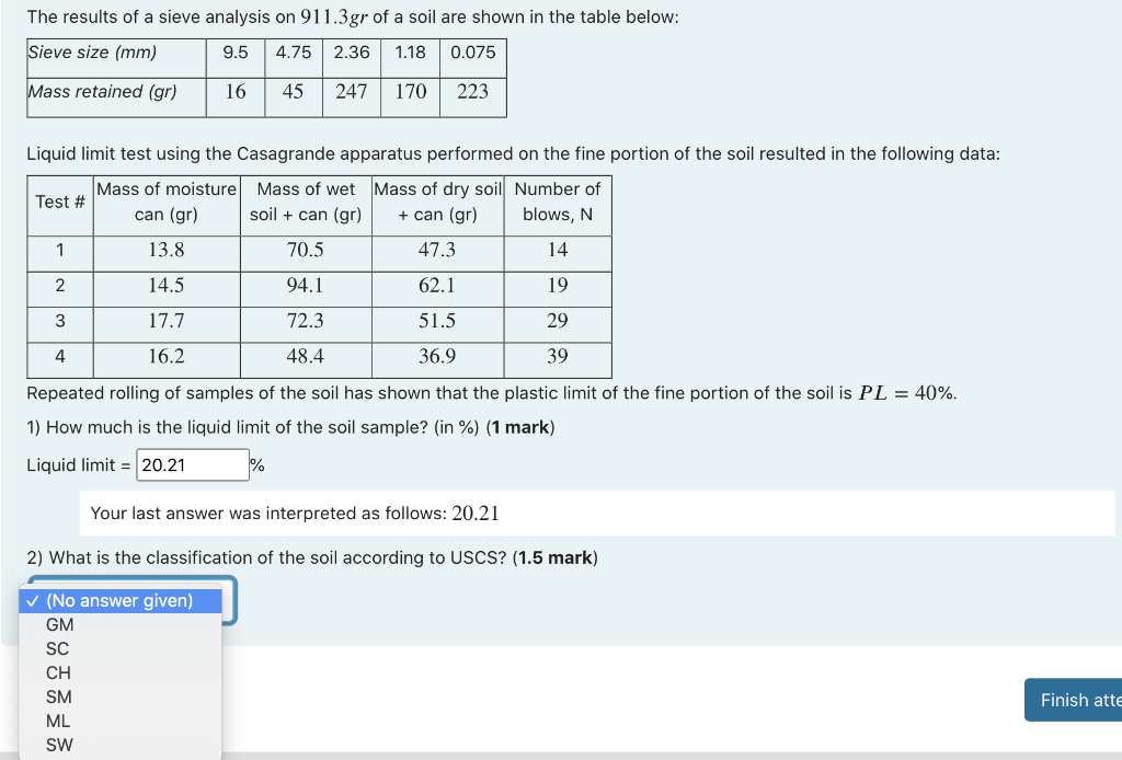 Solved The results of a sieve analysis on 911.3gr of a soil | Chegg.com