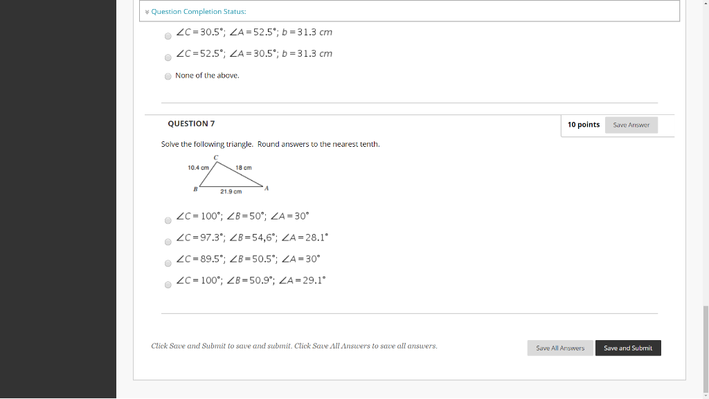 Solved Question Completion Status: 2C= 30.5°; ZA = 52.5°; b | Chegg.com