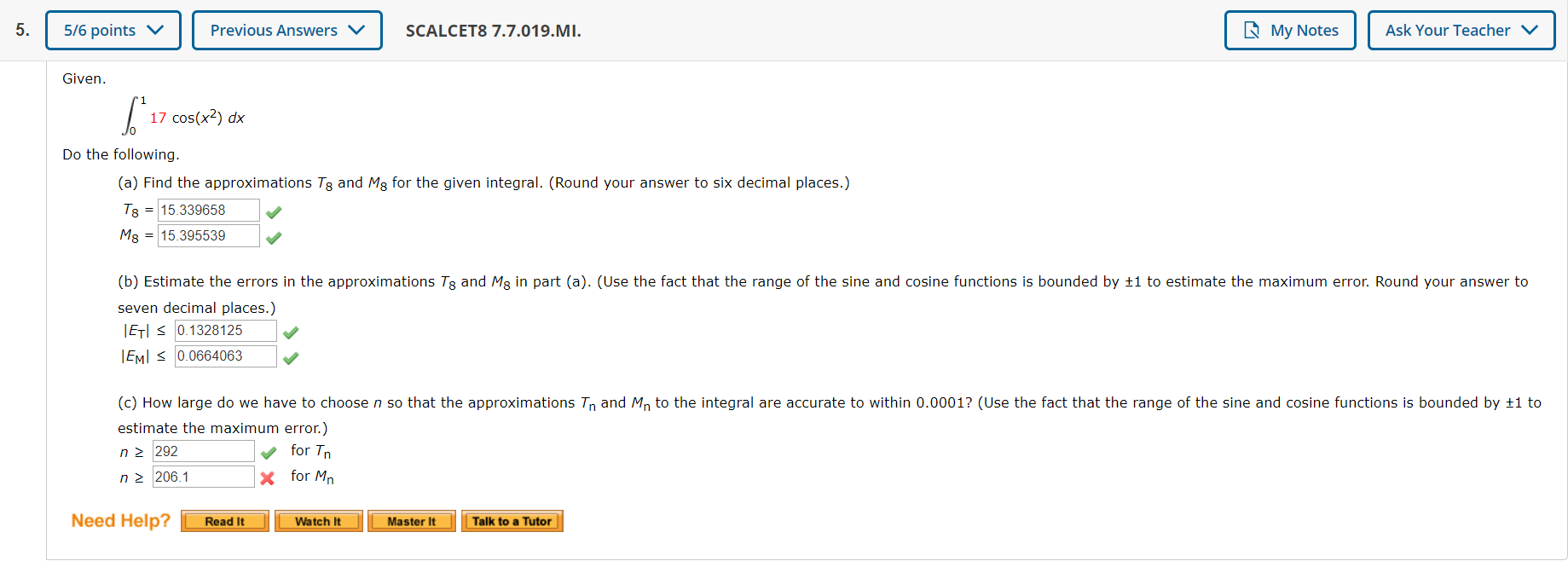 Solved 5/6 points v || Previous Answers v SCALCET8 | Chegg.com
