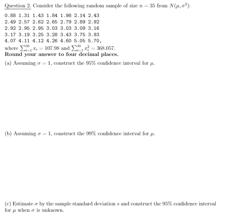 Solved Question 2. Consider the following random sample of | Chegg.com