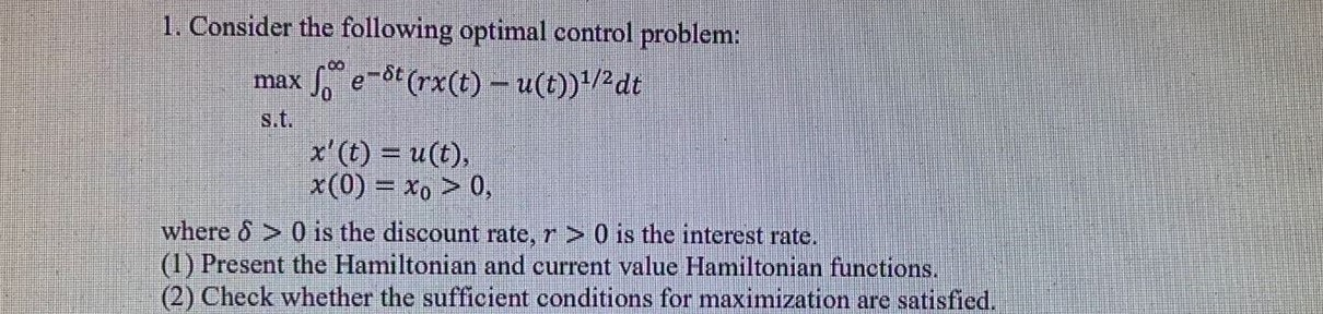 1. Consider the following optimal control problem: | Chegg.com