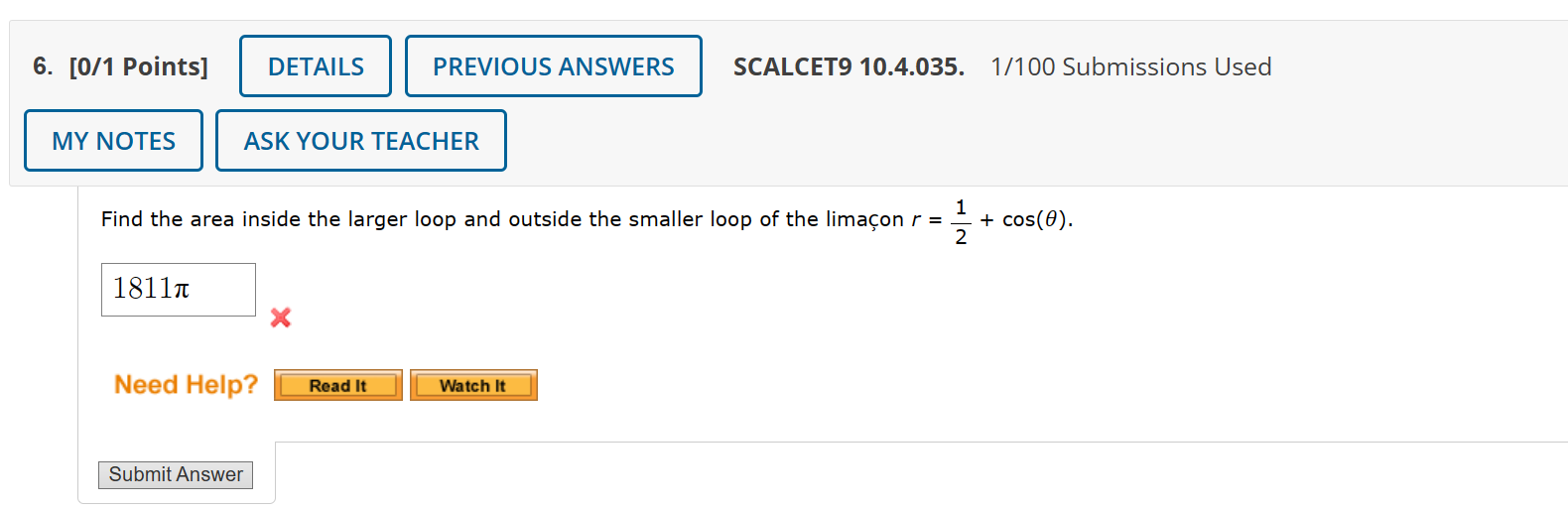 Solved Find the area inside the larger loop and outside the | Chegg.com
