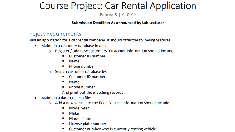 Solved Course Project: Car Rental Application Points: 5 CLO | Chegg.com