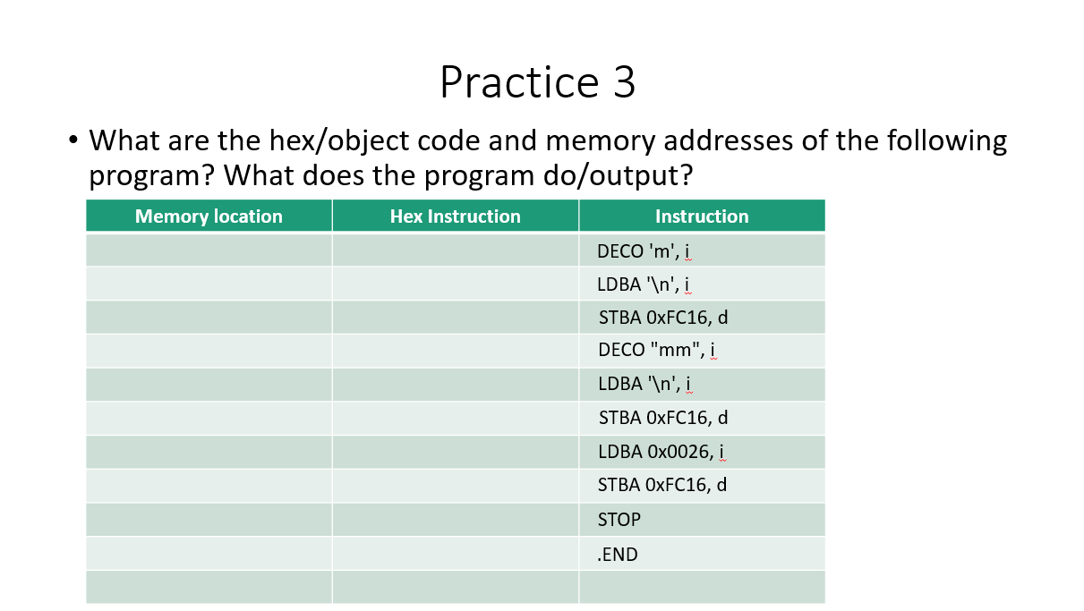 Practice 3 • What are the hex/object code and memory | Chegg.com