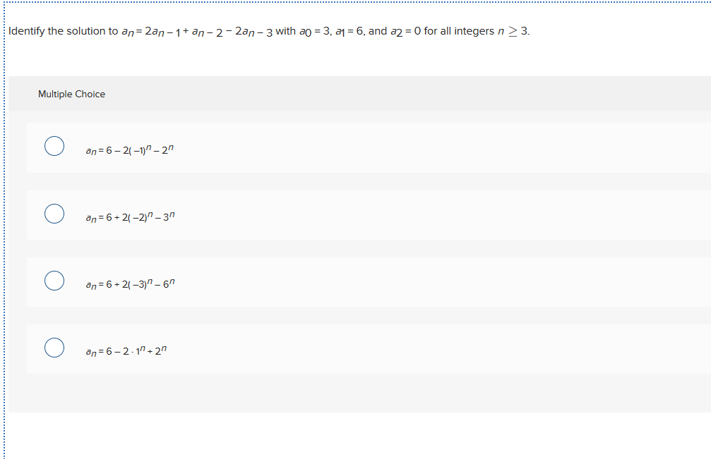 Solved Identify the solution to an=2an-1+ an-2-2an-3 with ao | Chegg.com