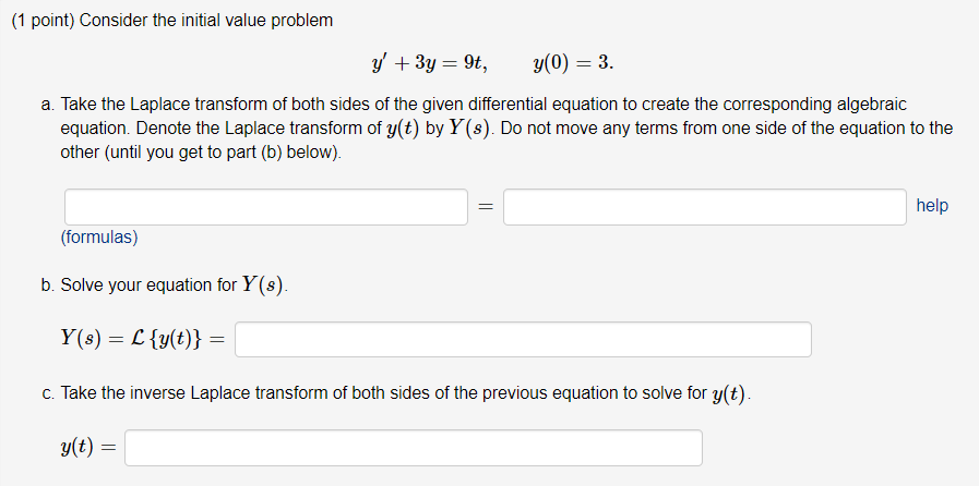Solved (1 point) Consider the initial value problem y' + 3y | Chegg.com