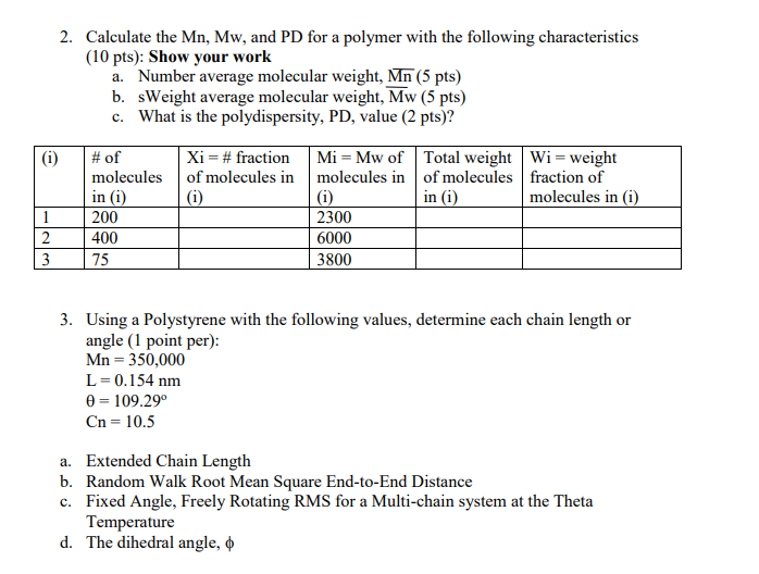 Solved 2. Calculate the Mn, Mw, and PD for a polymer with | Chegg.com