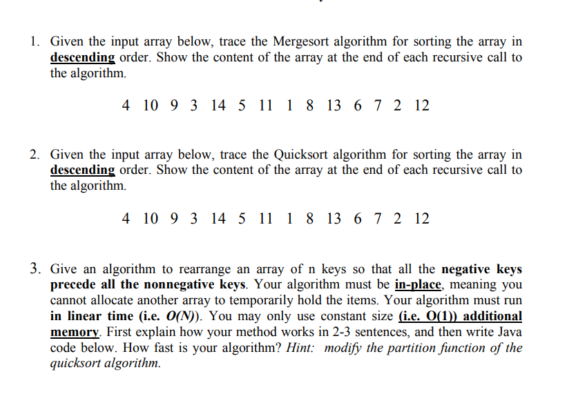 Solved 1. Given the input array below, trace the Mergesort | Chegg.com
