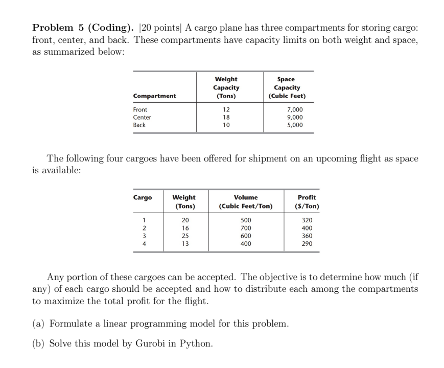Problem 5 (Coding). ⌊20 points ⌋ A cargo plane has | Chegg.com