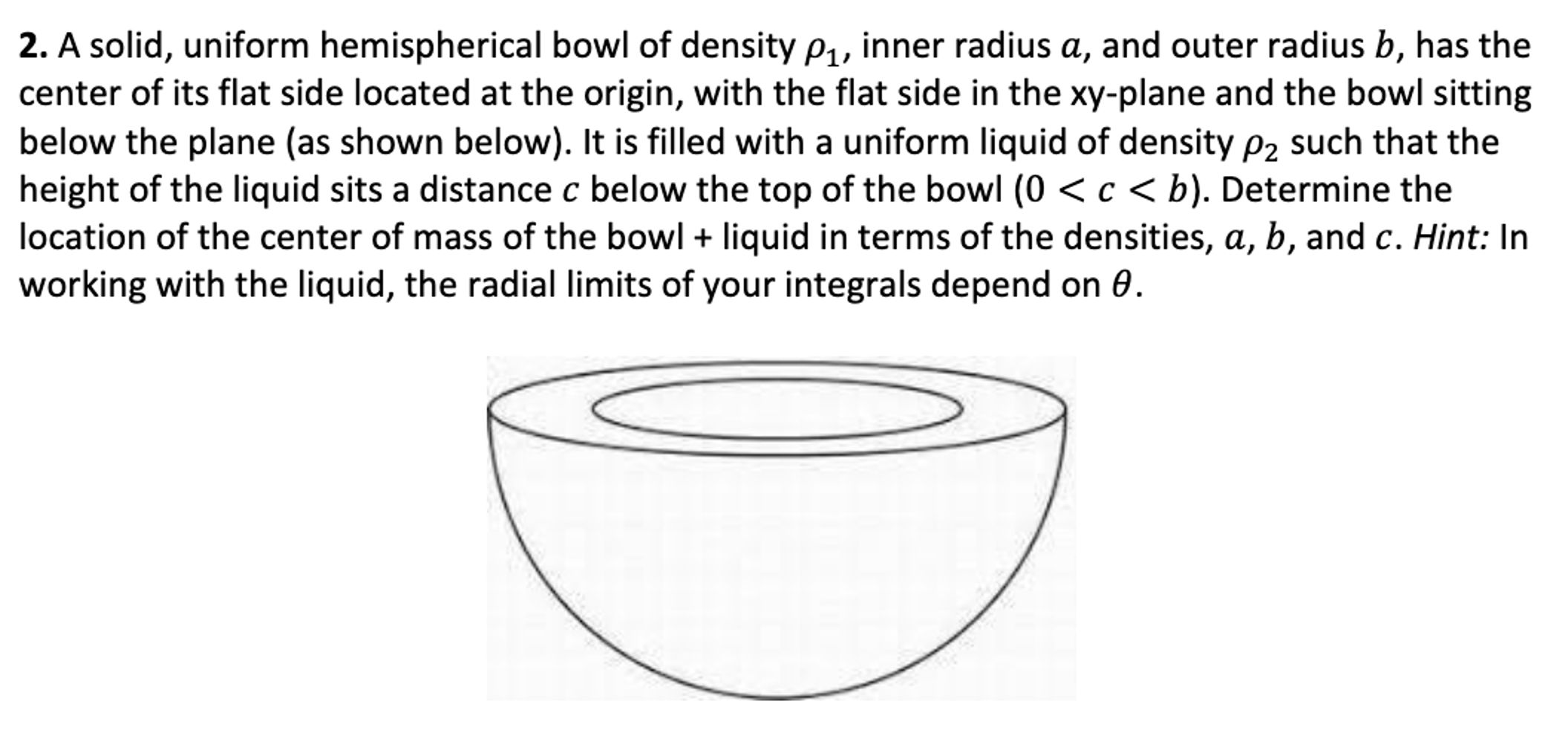 Solved A solid, uniform hemispherical bowl of density ρ1, | Chegg.com