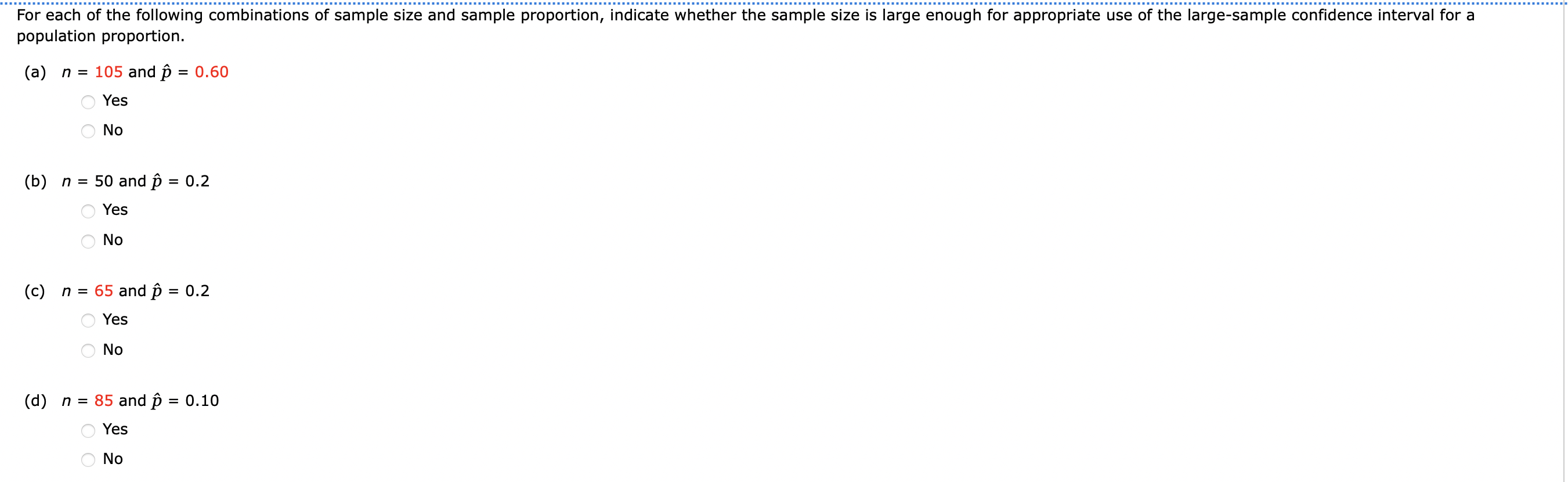 Solved For each of the following combinations of sample size | Chegg.com