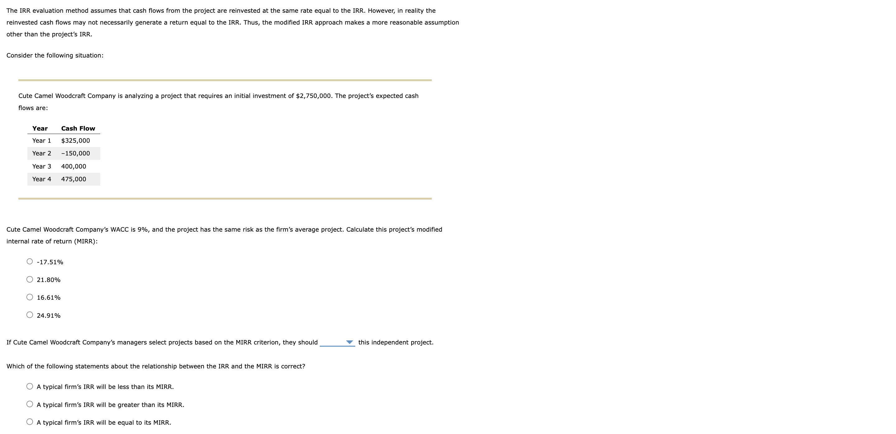 Solved The IRR evaluation method assumes that cash flows | Chegg.com