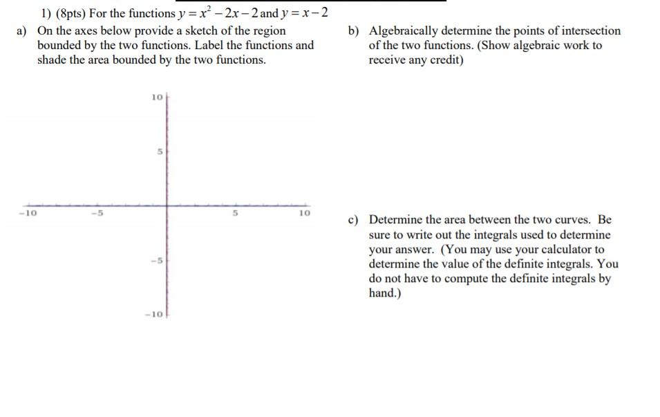 Solved 1) (8pts) For the functions y = x² - 2x - 2 and y = x | Chegg.com