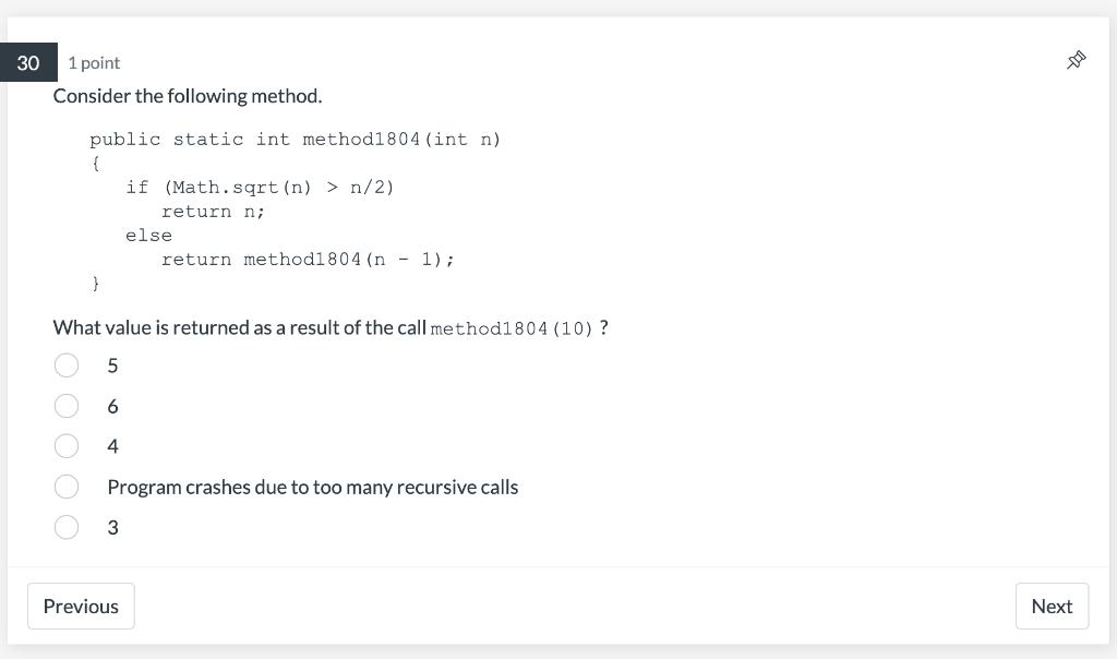 Solved 31 1 point Consider the following method. What line | Chegg.com