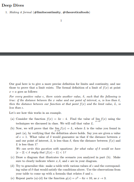 Solved Deep Dives 1. Making it formal (#limitscontinuity, | Chegg.com