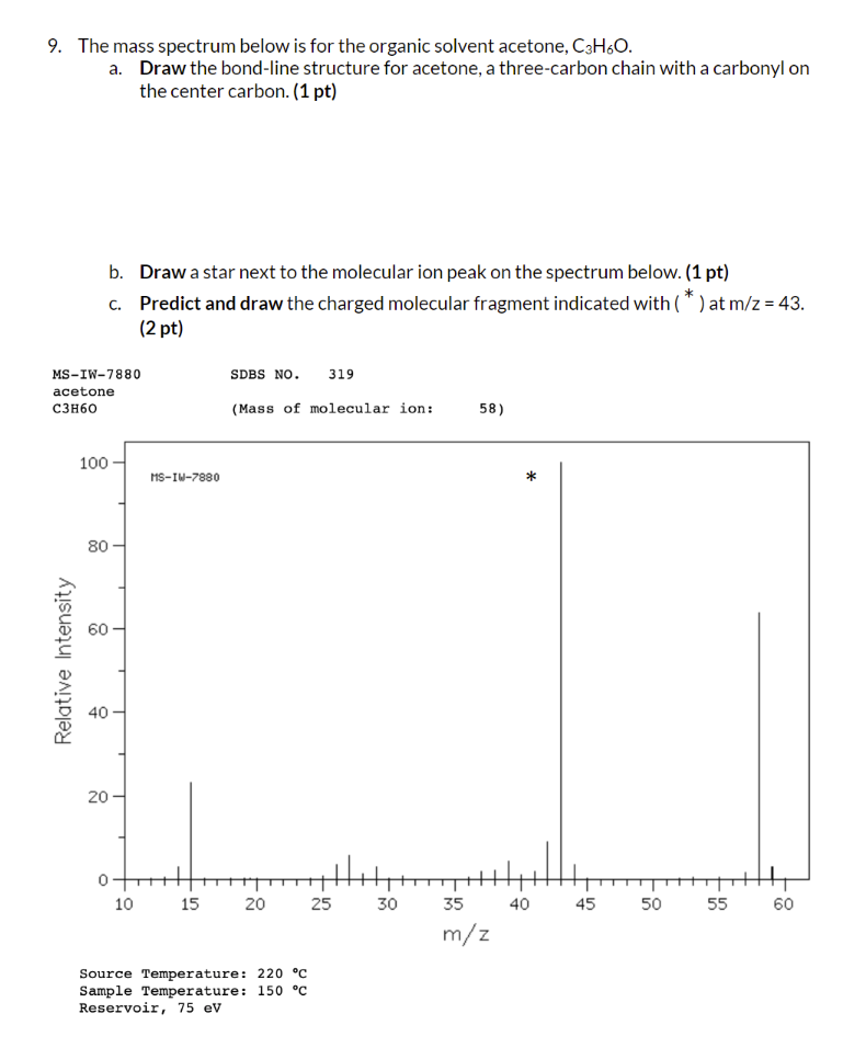 Solved 9. The mass spectrum below is for the organic solvent | Chegg.com