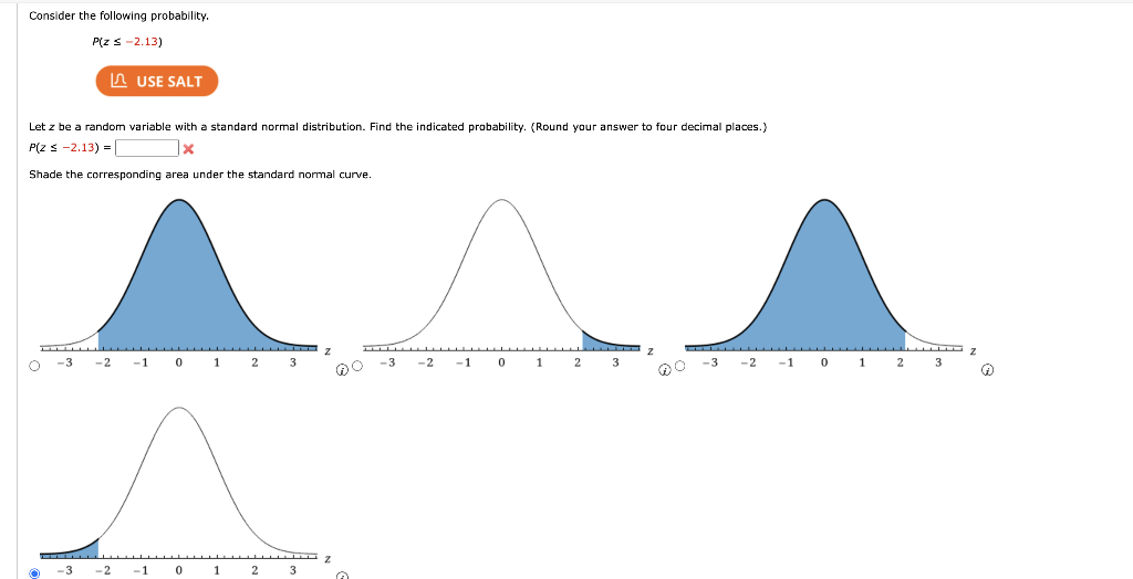 Solved Consider the following probability. P(z≤−2.13) Let z | Chegg.com