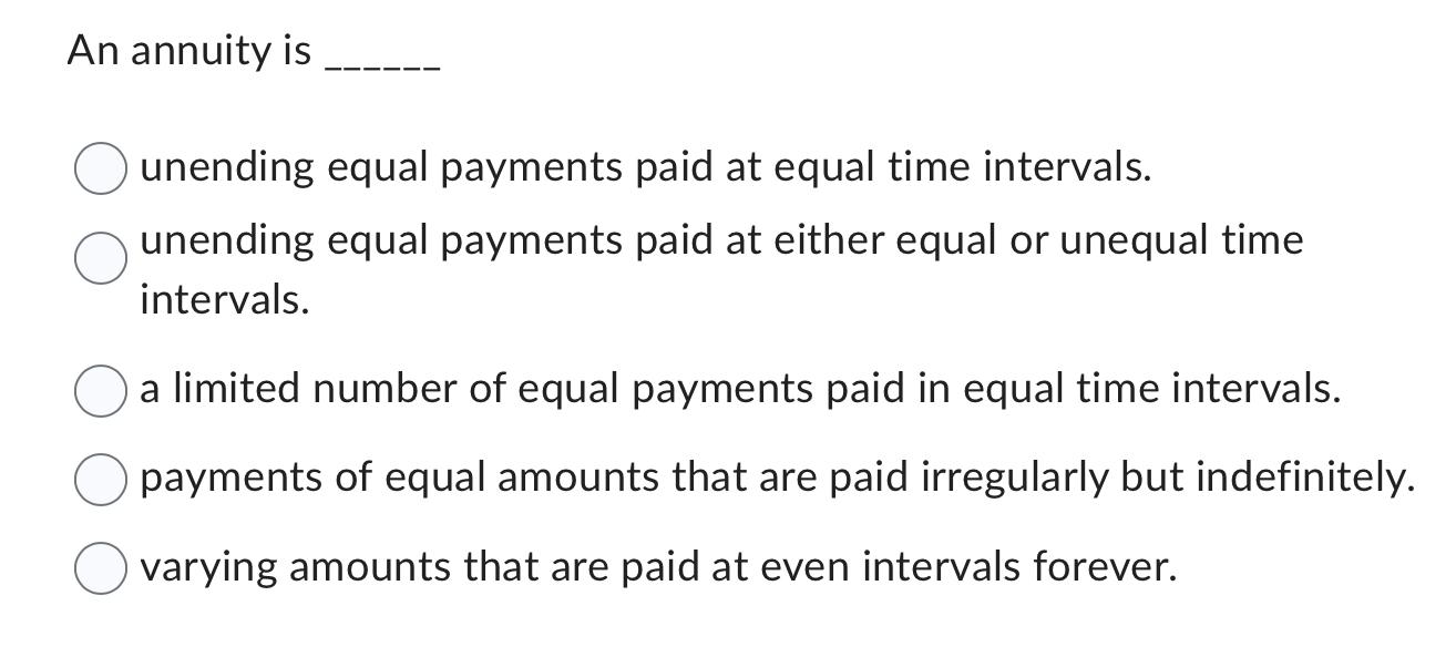 Solved An annuity is unending equal payments paid at equal | Chegg.com