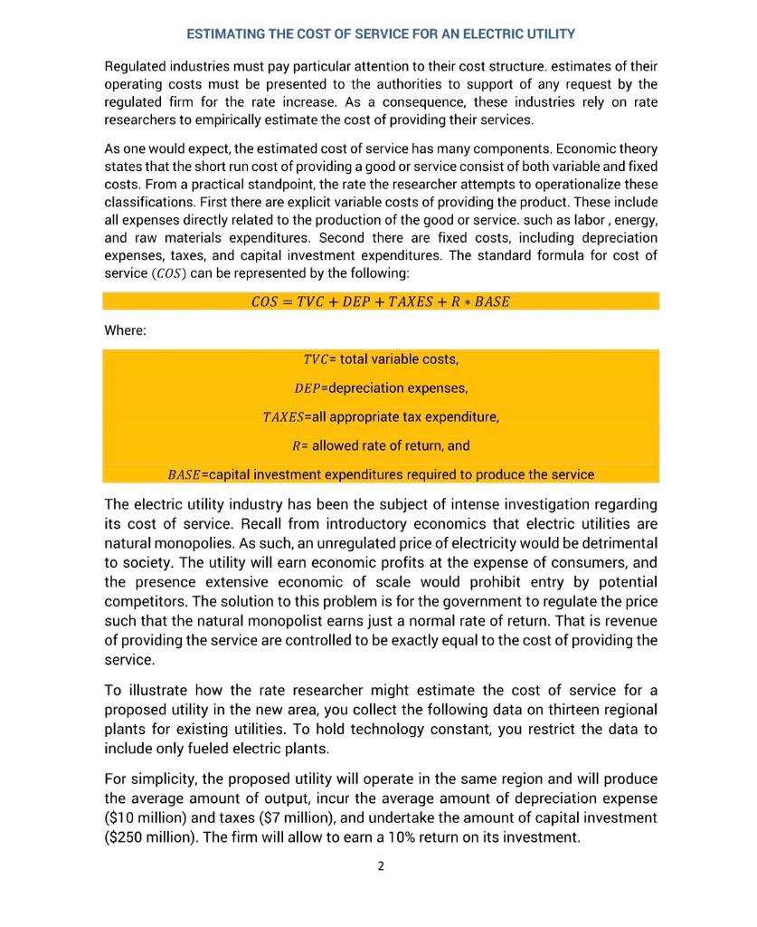 ESTIMATING THE COST OF SERVICE FOR AN ELECTRIC | Chegg.com