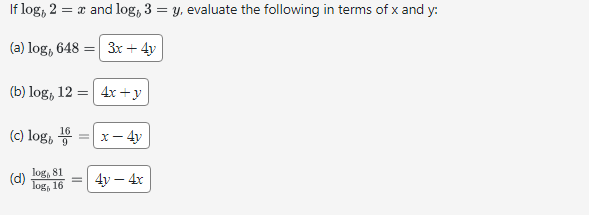 Solved If logb2=x ﻿and logb3=y, ﻿evaluate the following in | Chegg.com