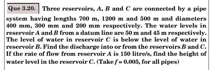 Solved Que 3.20. Three reservoirs, A, B and C are connected | Chegg.com