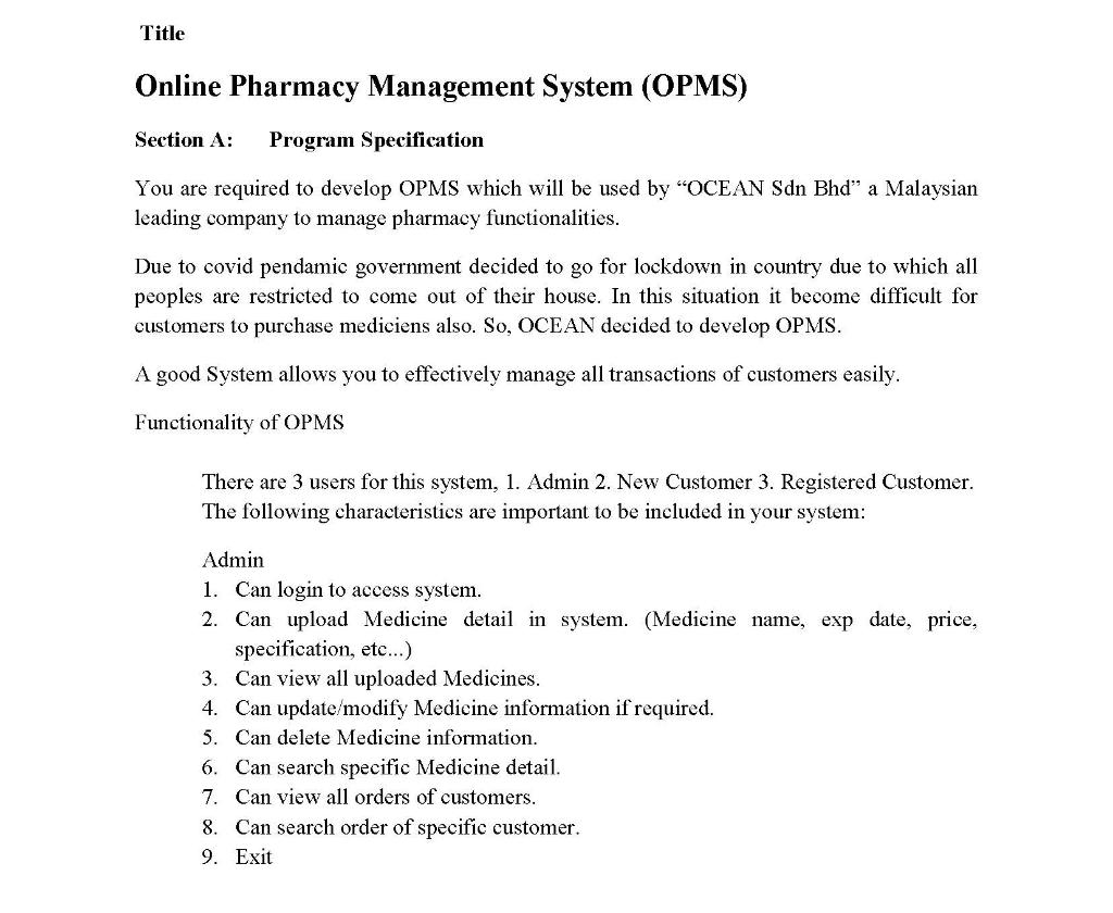 Solved Title Online Pharmacy Management System (OPMS) | Chegg.com