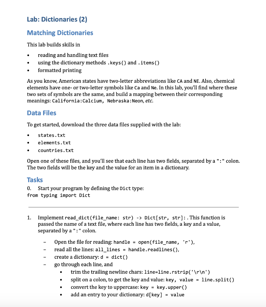 Solved Lab: Dictionaries (2) Matching Dictionaries This lab | Chegg.com