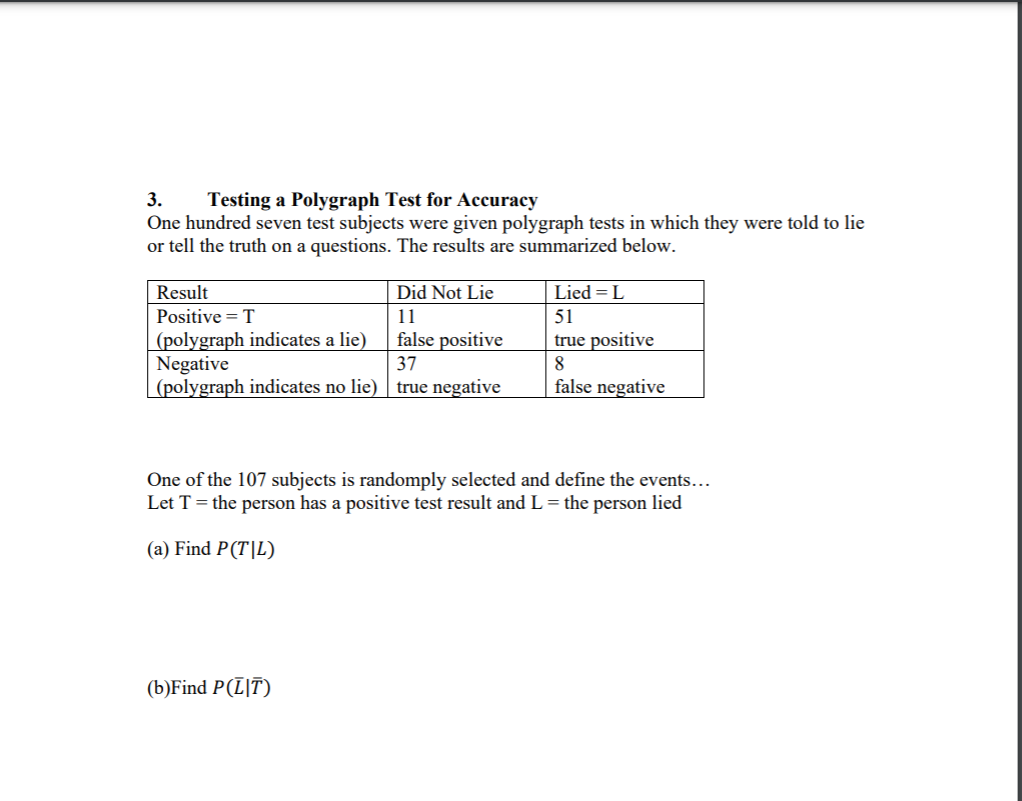 Solved 3. Testing a Polygraph Test for Accuracy One hundred | Chegg.com