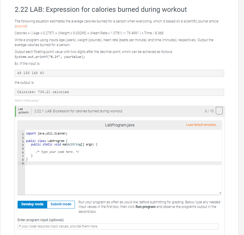 Solved 2.22 LAB: Expression for calories burned during | Chegg.com