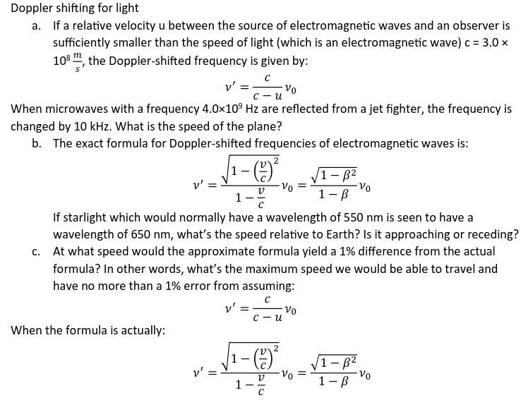 Solved Doppler shifting for light a. If a relative velocity | Chegg.com