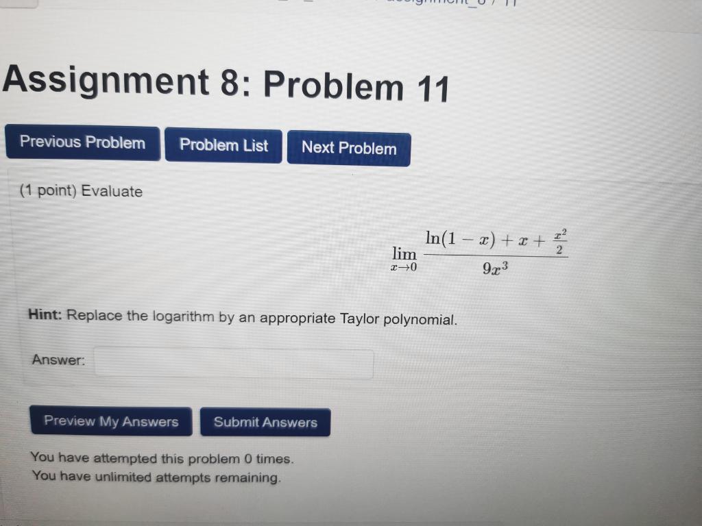 Solved Assignment 8: Problem 11 Previous Problem Problem | Chegg.com