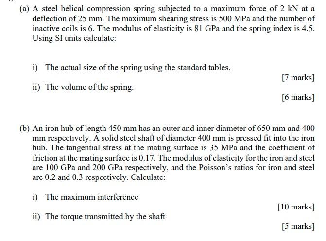 Solved (a) A steel helical compression spring subjected to a | Chegg.com