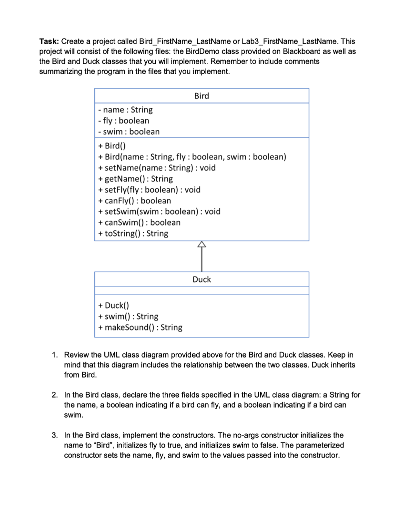 Solved Task: Create a project called Bird_FirstName_LastName | Chegg.com