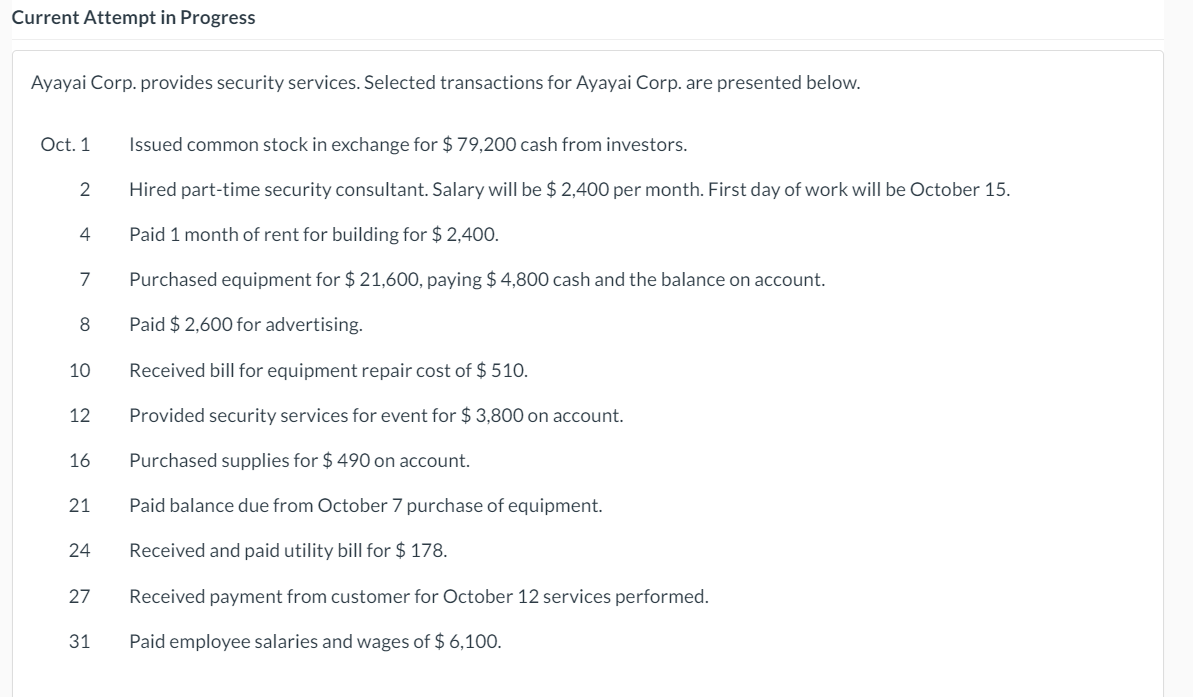 Solved Current Attempt in Progress Ayayai Corp. provides | Chegg.com