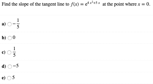 Solved Find the slope of the tangent line to f(x) = e4x +5* | Chegg.com