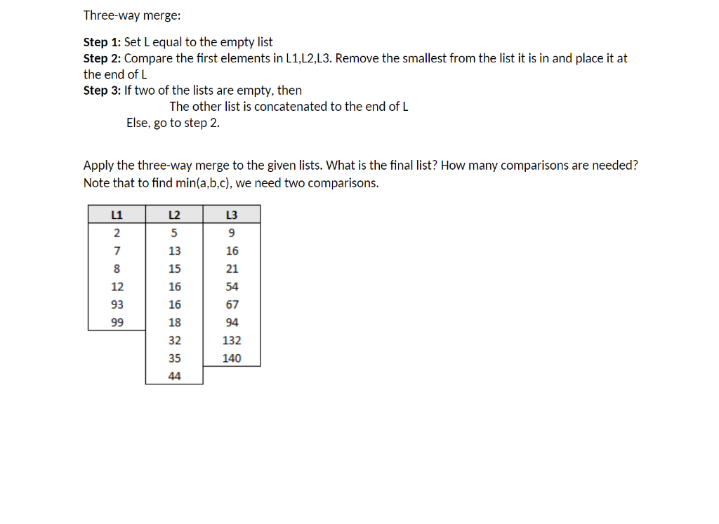 Solved Three-way merge: Step 1: Set Lequal to the empty list | Chegg.com