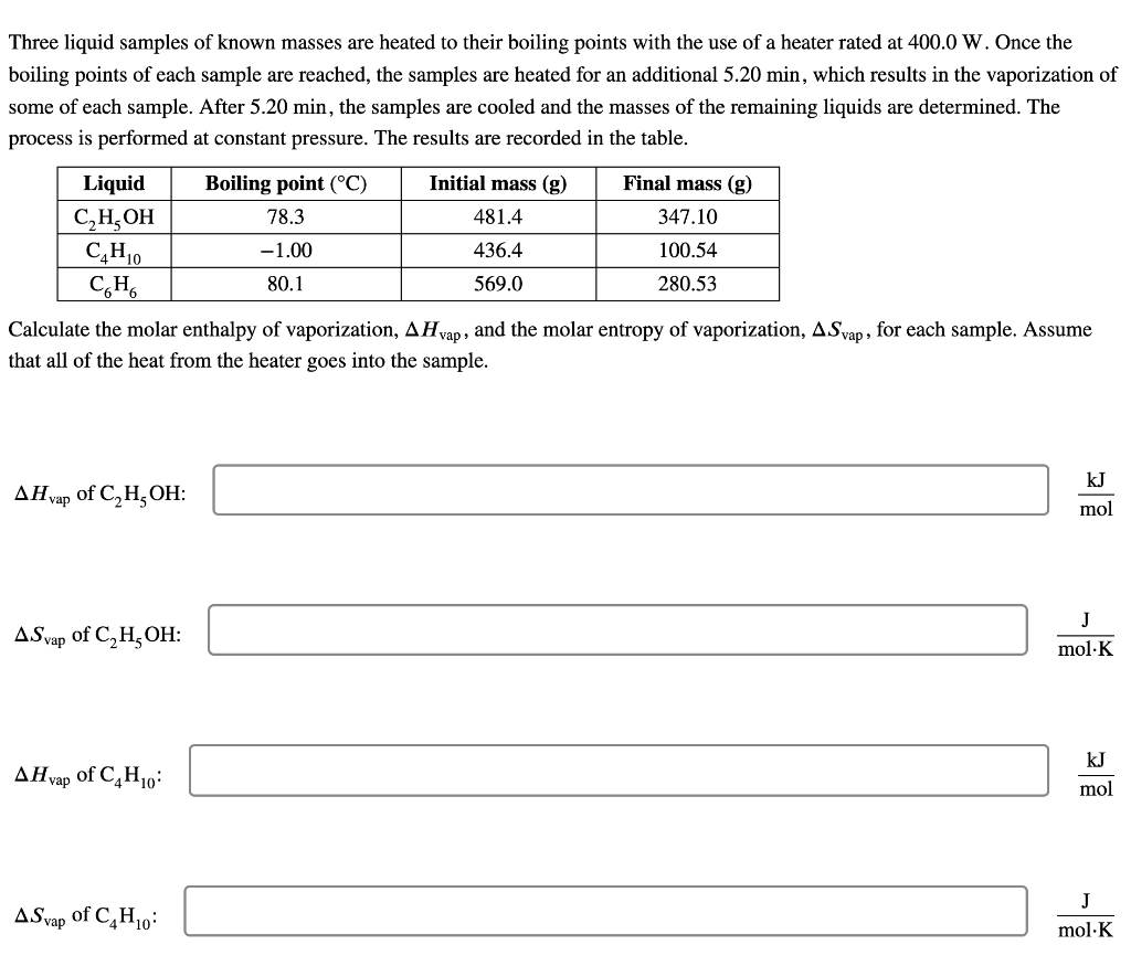 Solved Three liquid samples of known masses are heated to | Chegg.com