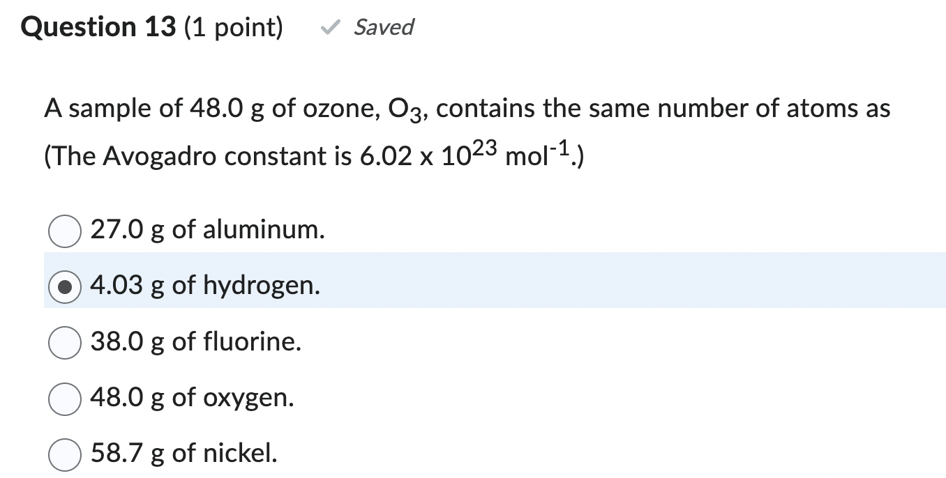 Solved A sample of 48.0 g of ozone, O3, contains the same | Chegg.com