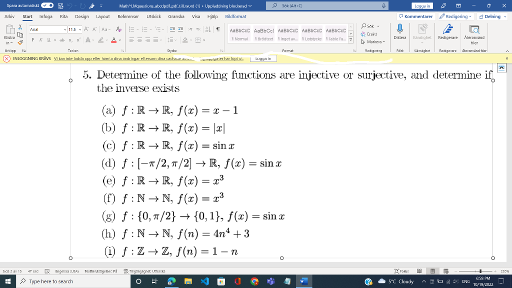 Solved 5 . Determine of the following functions are | Chegg.com