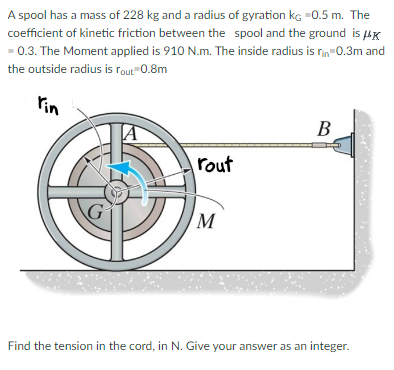 Solved A spool has a mass of 228 kg and a radius of gyration | Chegg.com