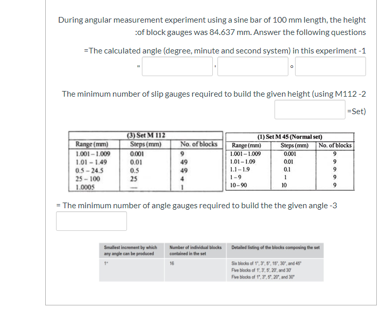 Solved During angular measurement experiment using a sine | Chegg.com