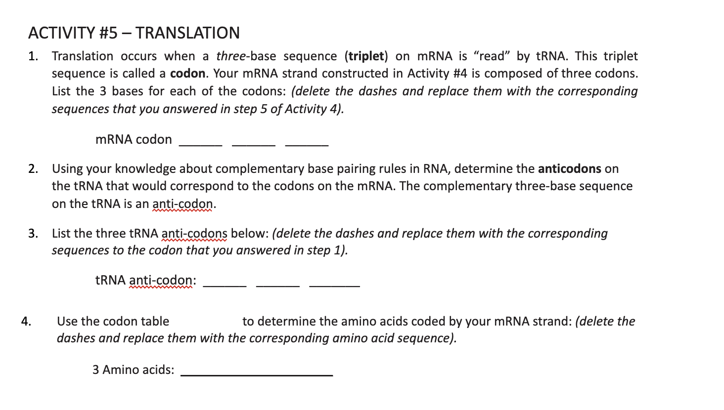 Solved ACTIVITY #5 - TRANSLATION 1. Translation occurs when | Chegg.com