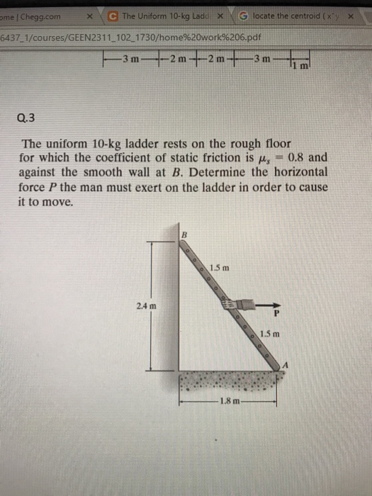 Solved The uniform 10-kg ladder rests on the rough floor for | Chegg.com